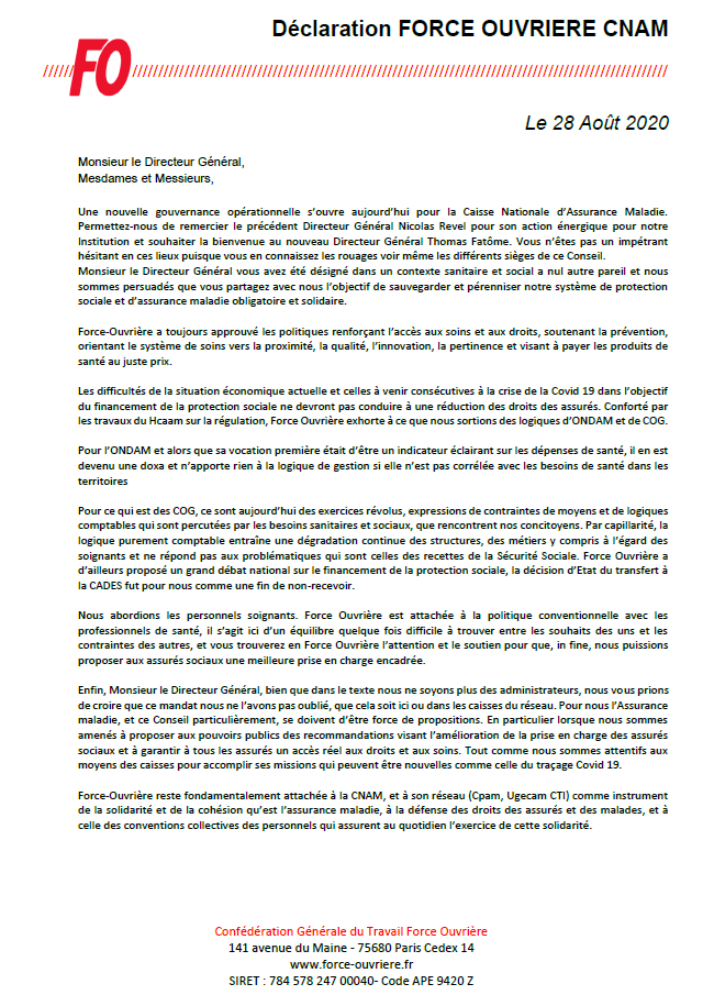 CNAM - Déclaration Force Ouvrière CNAM du 28 août 2020 • SNFOCOS